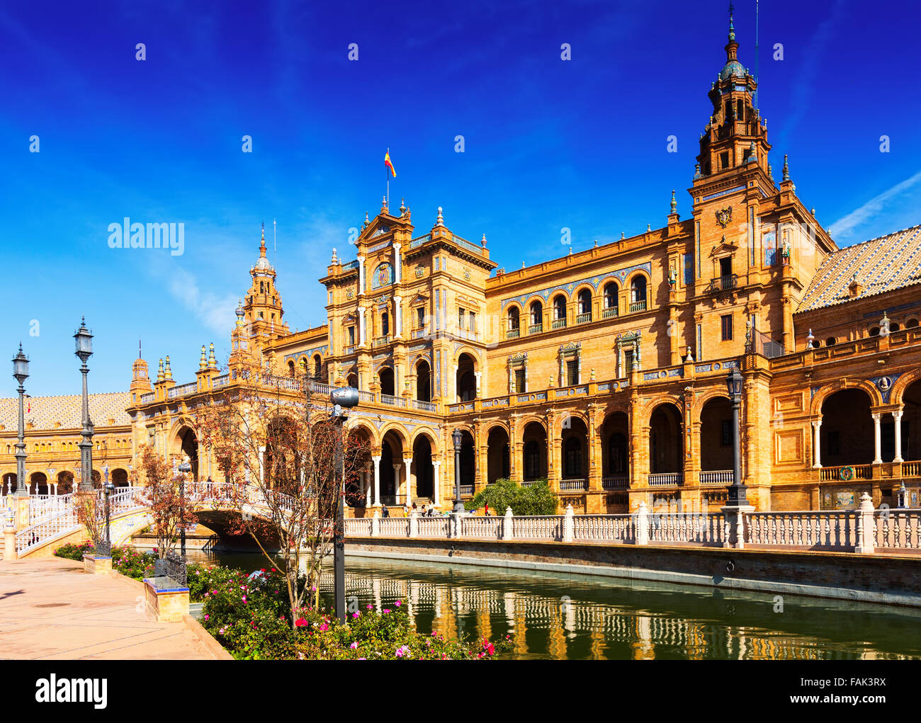 Day sunny view of central building at Plaza de Espana. Seville, Spain ...