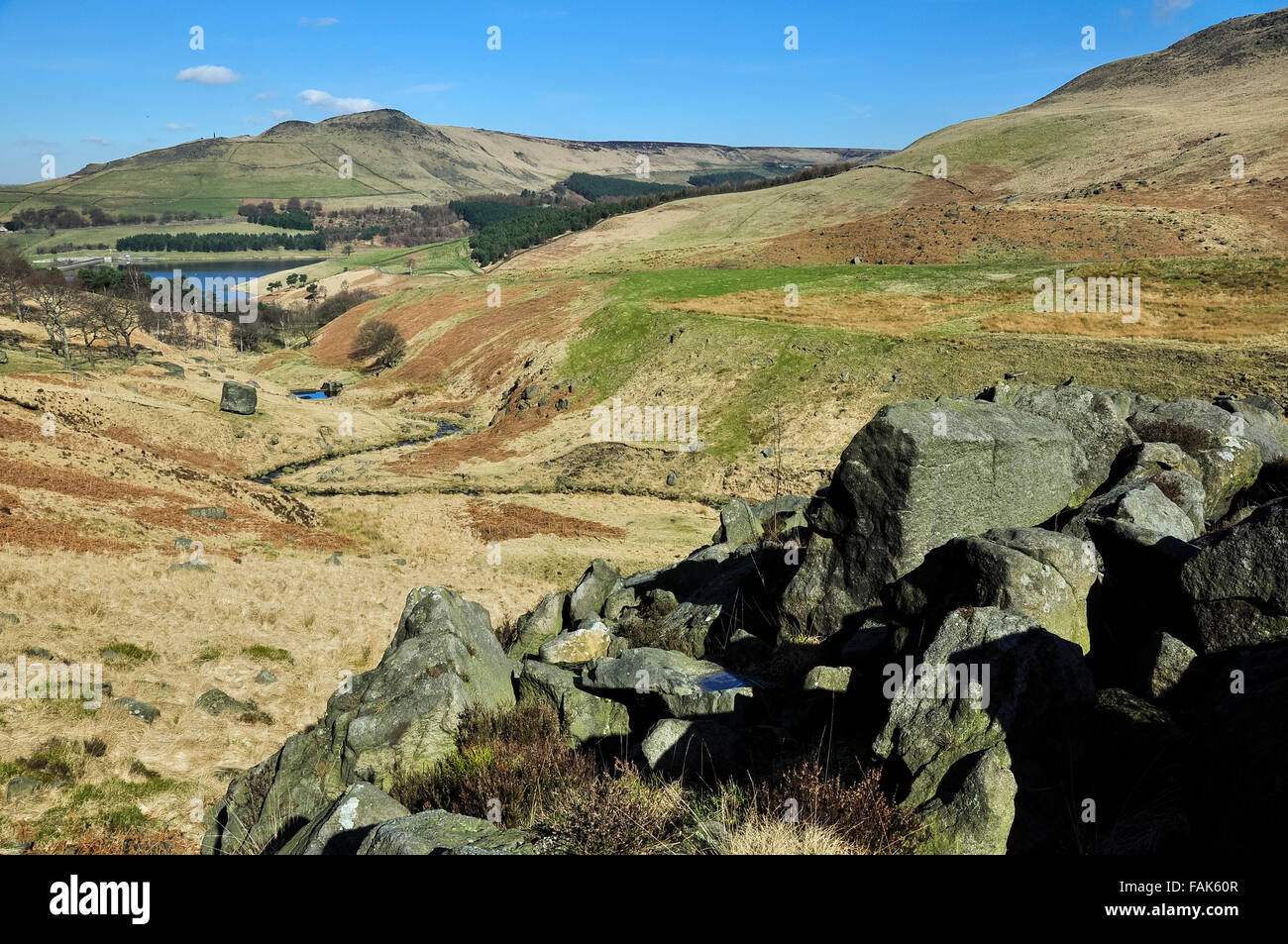 View of hills around Dovestones reservoir in Greater Manchester ...