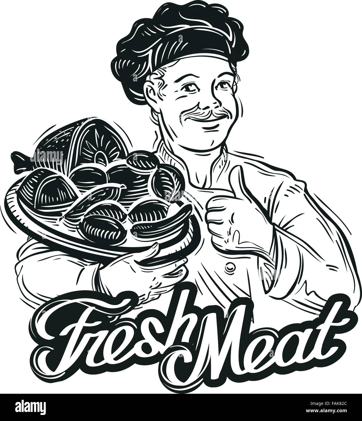 hand-drawn chef with a tray of fresh meat isolated on white background ...