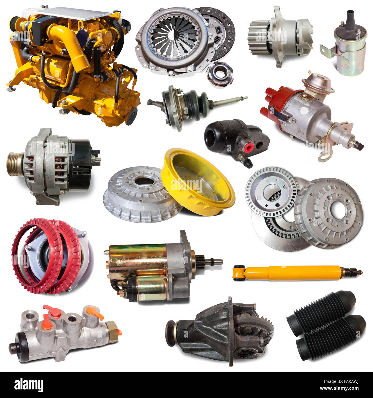 Set of motor and automotive parts. Isolated over white with shade Stock ...