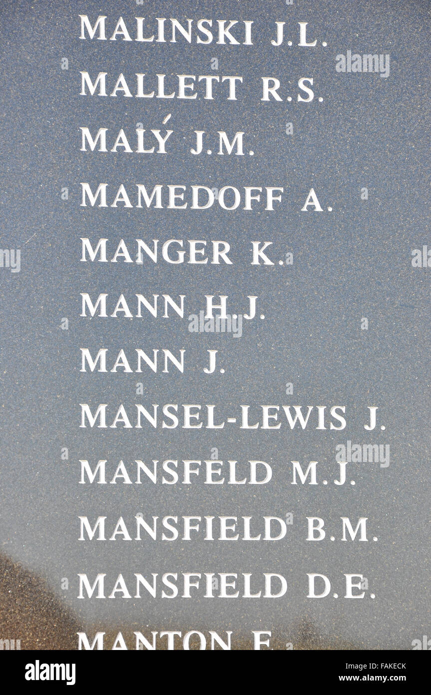 Names on the Memorial Wall at Capel-le-Ferne, Kent, on which appears ...