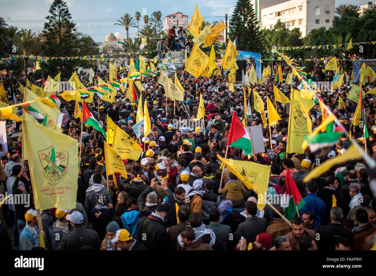 Gaza. 31st Dec, 2015. Palestinian Fatah supporters celebrate during a ...