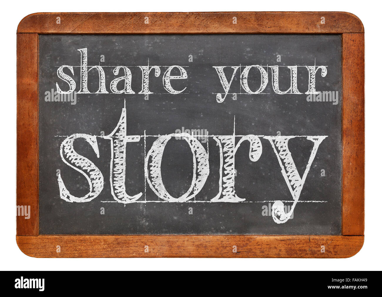 Share your story sign - white chalk text on a vintage slate blackboard ...