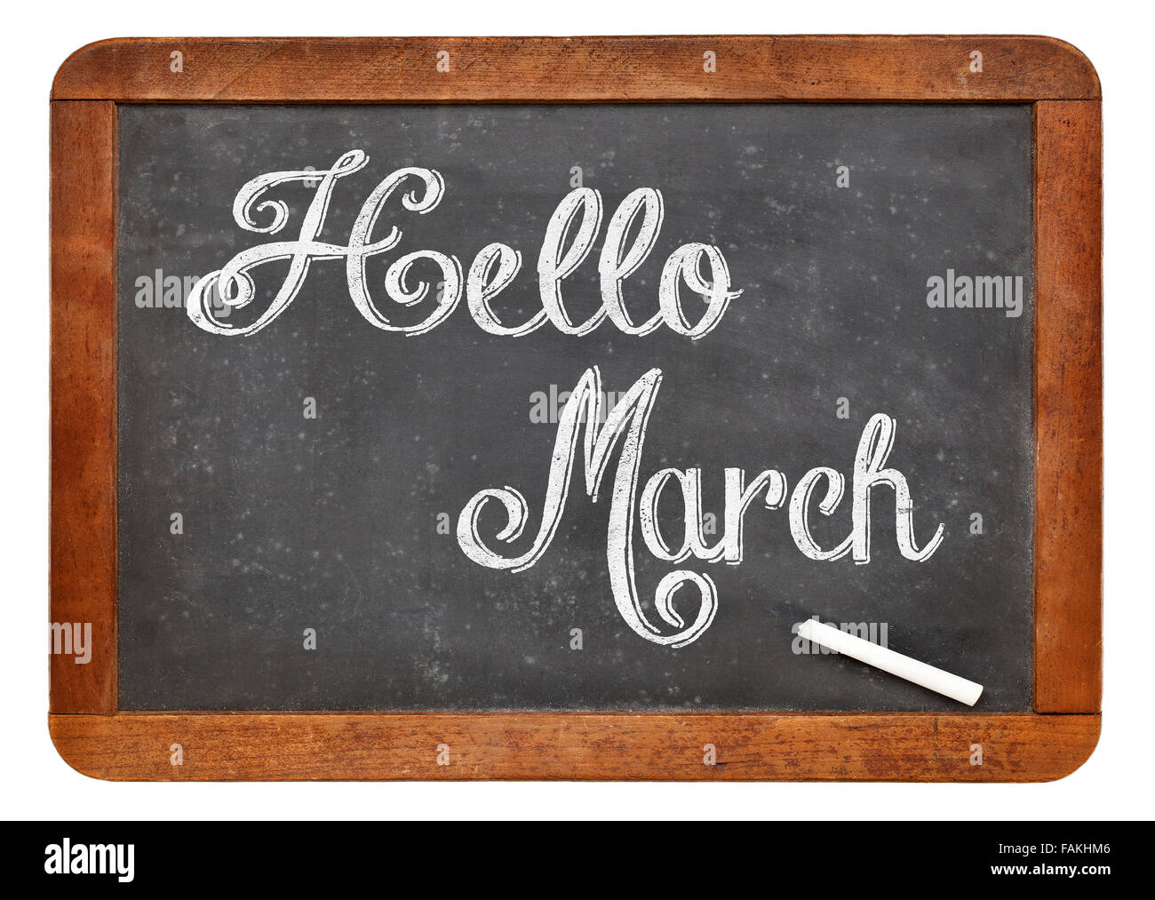 Hello March sign - white chalk text on an isolated vintage slate ...