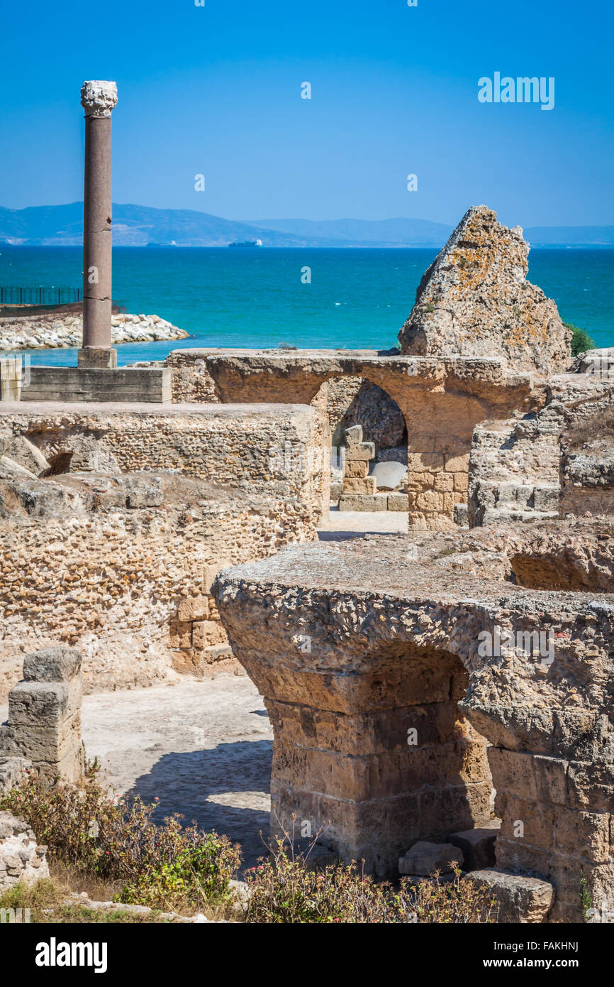 Ancient ruins at Carthage, Tunisia with the Mediterranean Sea in the ...