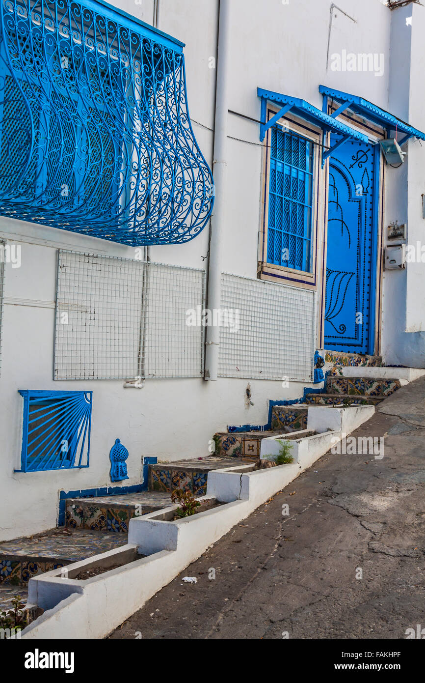 Sidi Bou Said - typical building with white walls, blue doors and ...