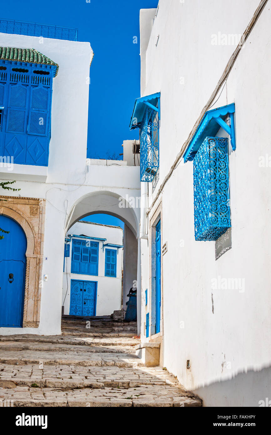Sidi Bou Said - typical building with white walls, blue doors and ...