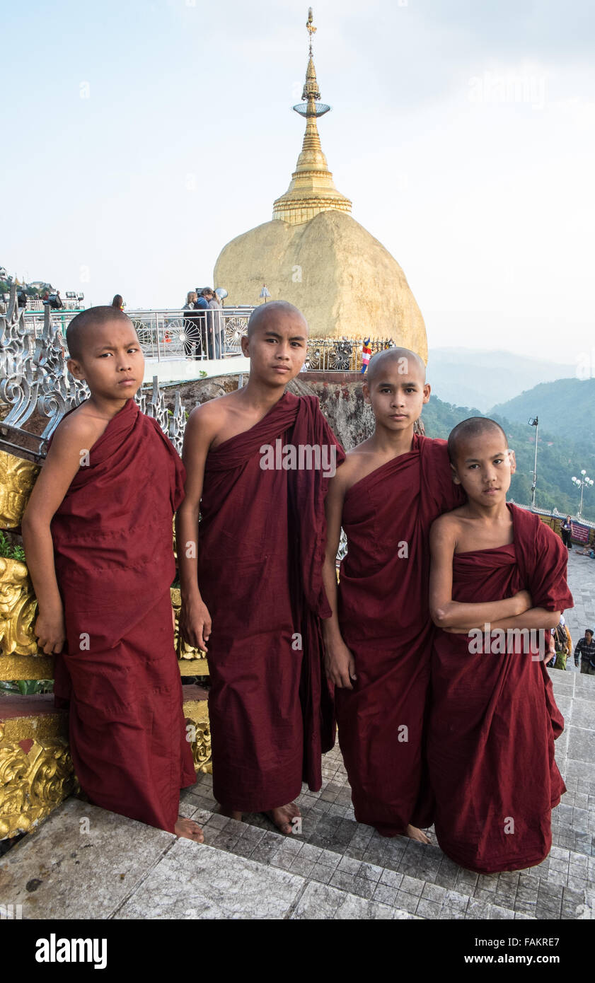 golden,rock,Myanmar,Burma,gold,Kyaitiyo,Buddhist.Buddhist novice monks ...