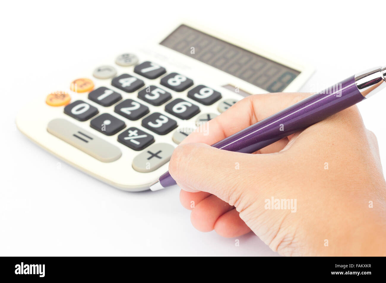 Calculator with hand isolated on white background, stock photo Stock ...