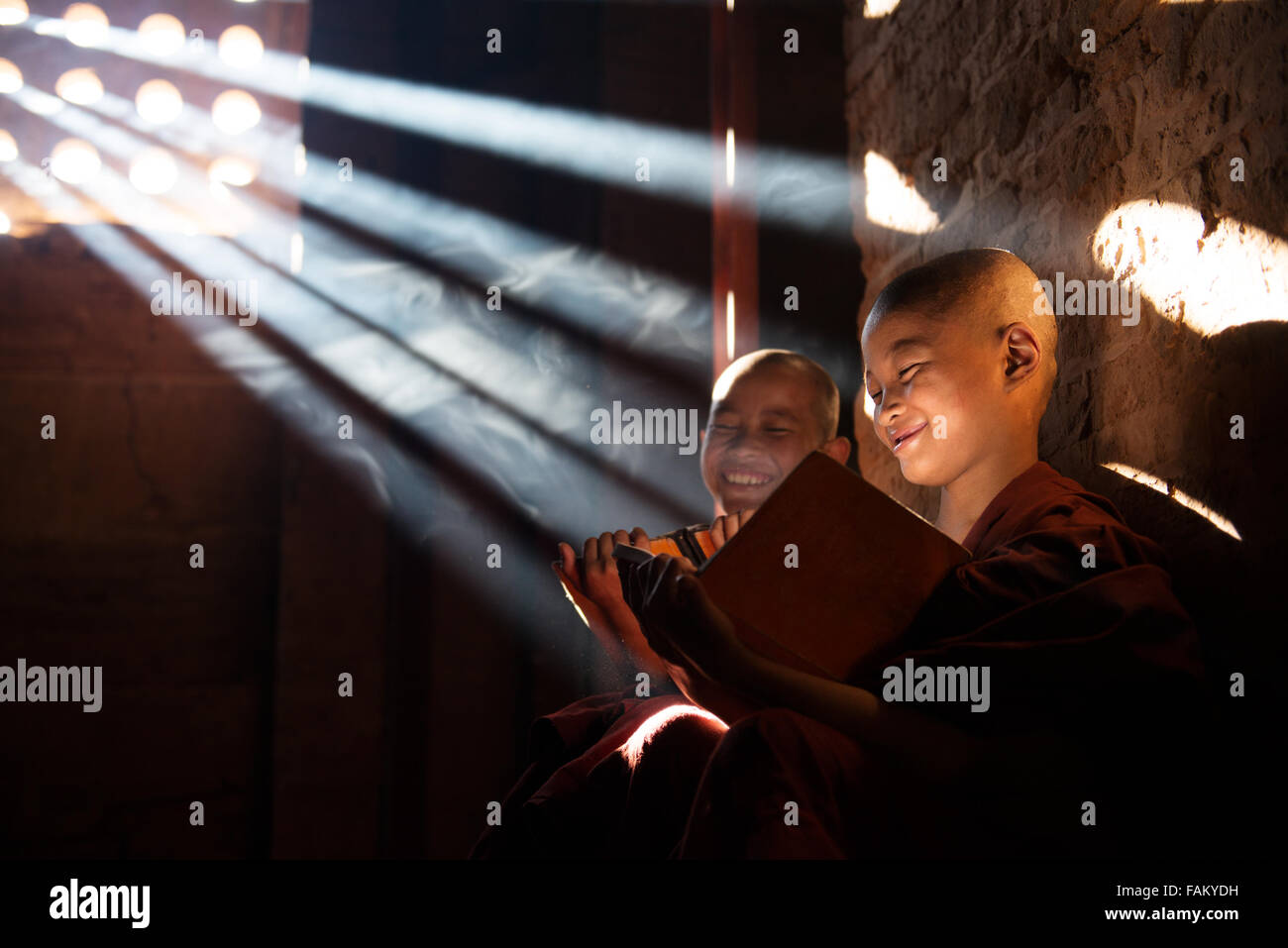 Young Buddhist novice monk reading in monastery. Beautiful natural ...