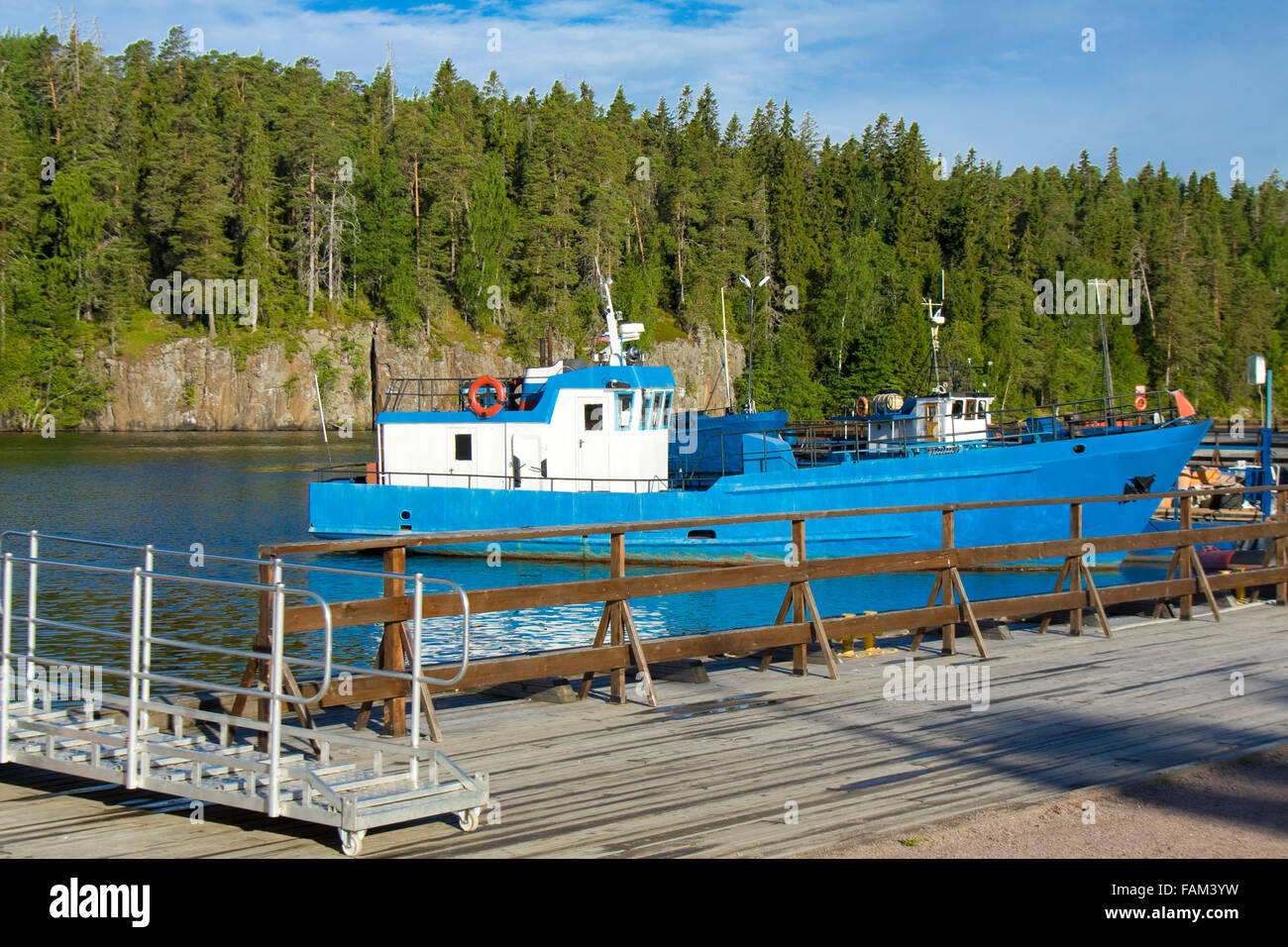 Ship in harbour of island Valaam on Ladoga lake on North of Russia ...