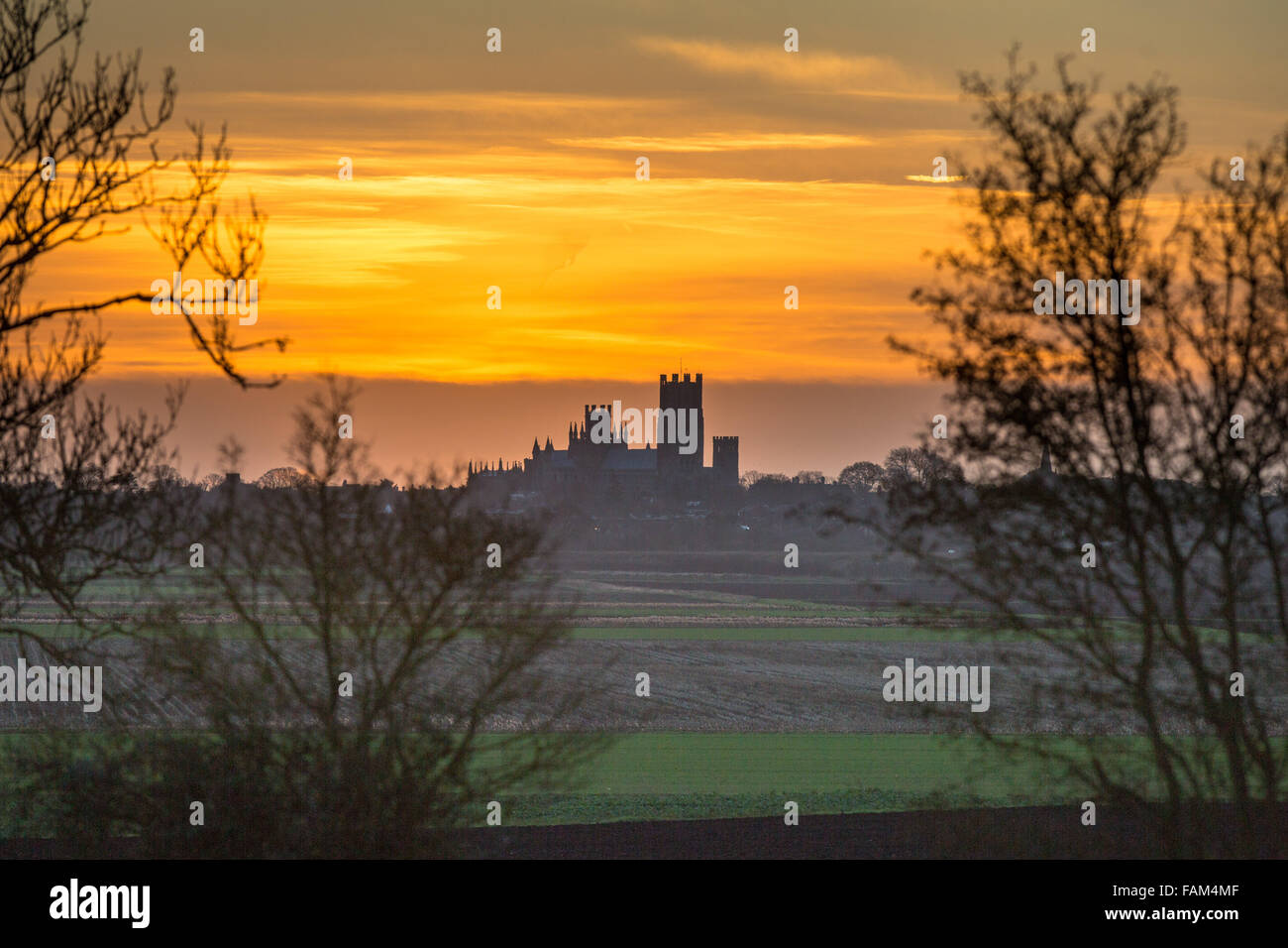 Ely Cathedral at sunrise with The Fens in the foreground Stock Photo ...