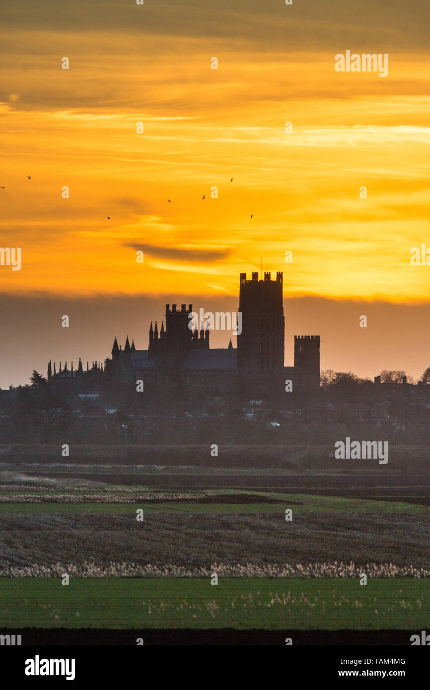 Ely Cathedral at sunrise with The Fens in the foreground Stock Photo ...