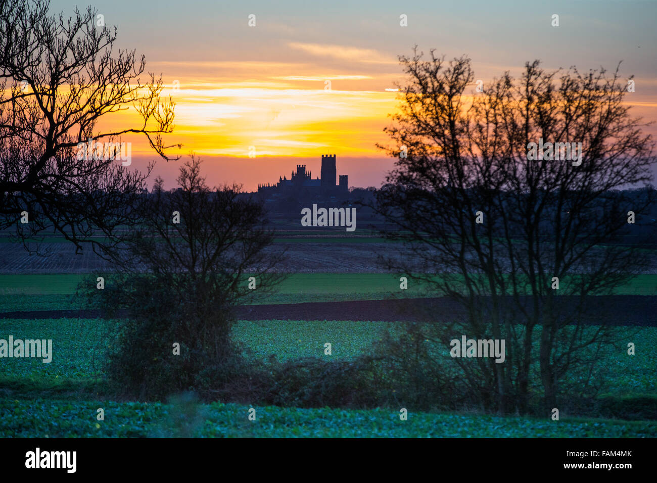 Ely Cathedral at sunrise with The Fens in the foreground Stock Photo ...