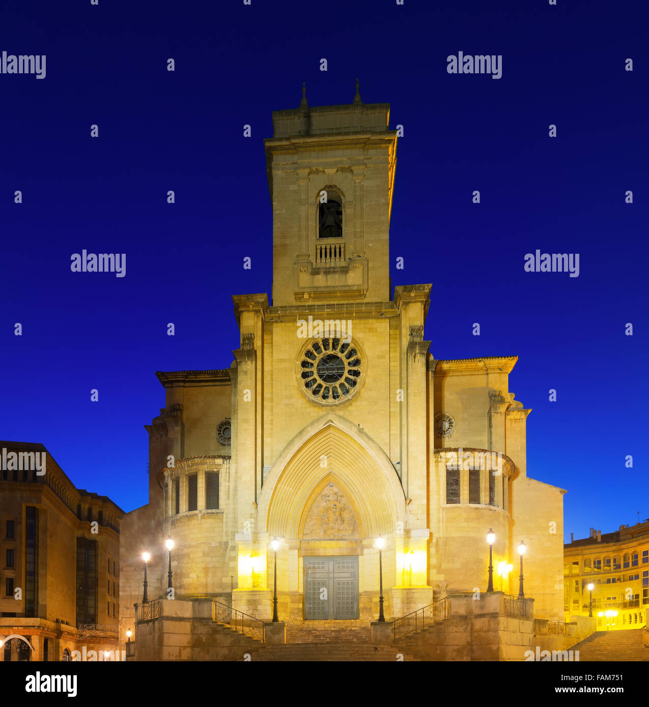 Albacete Cathedral from bell tower side in evening. Castile-La Mancha ...