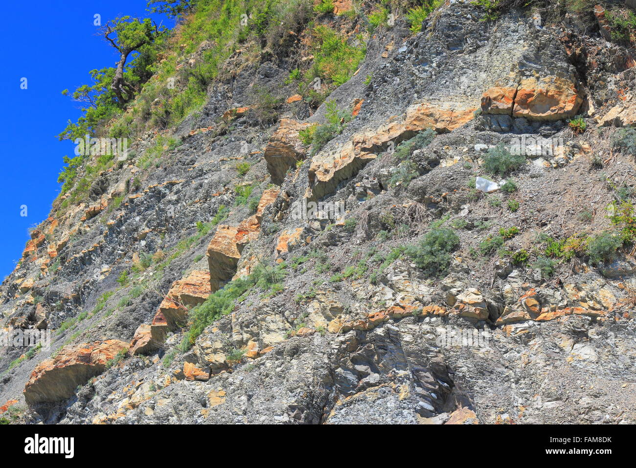Steep slopes with sparse vegetation and visible layers of rock Stock ...