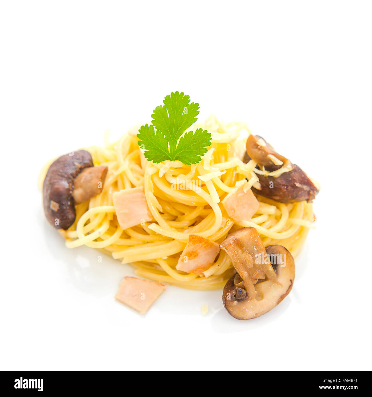 Spaghetti carbonara with mushroom, macro, soft focus, top view Stock ...
