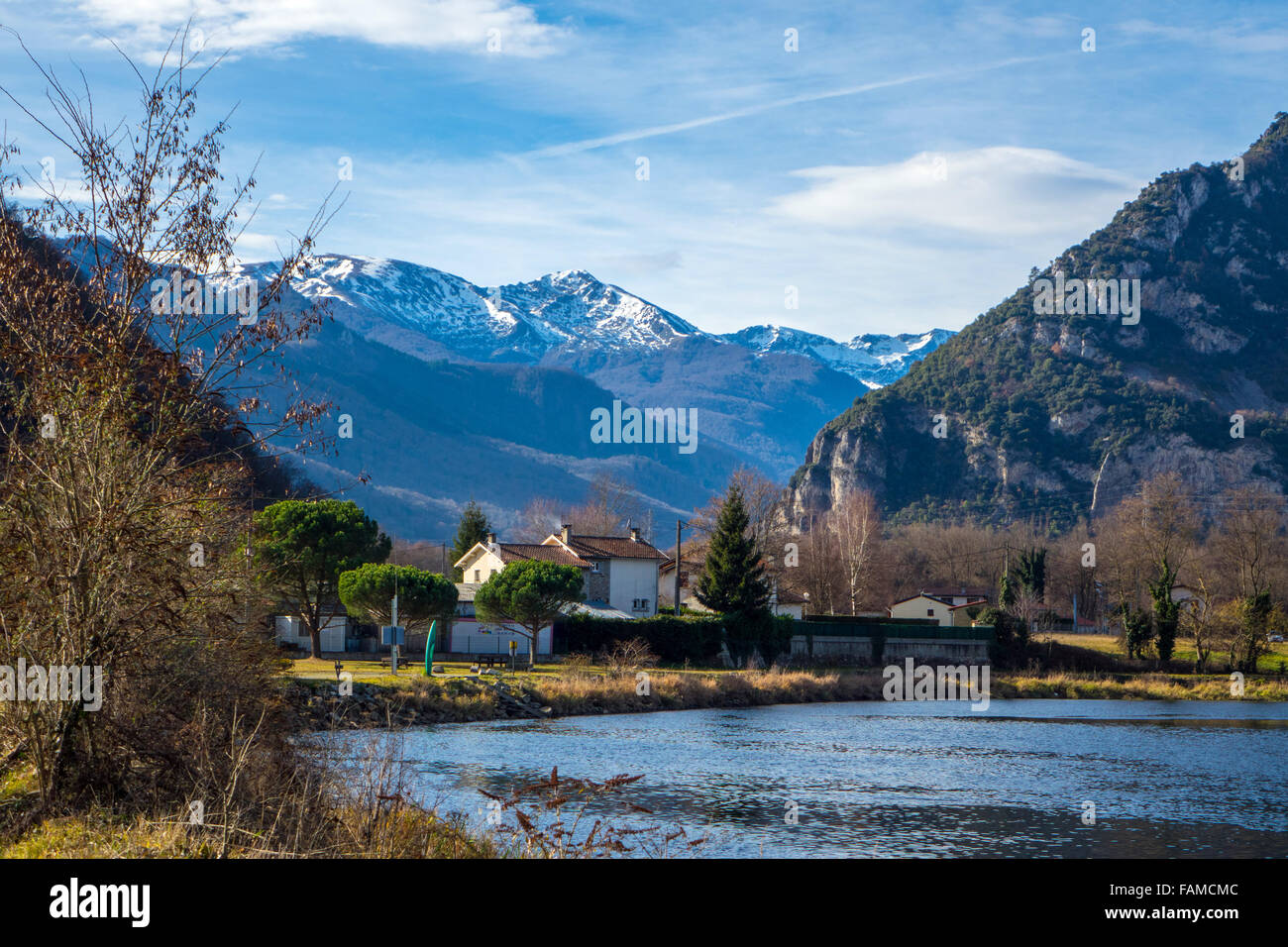 Ariege River and snowy Pyrenees mountains winter Stock Photo - Alamy