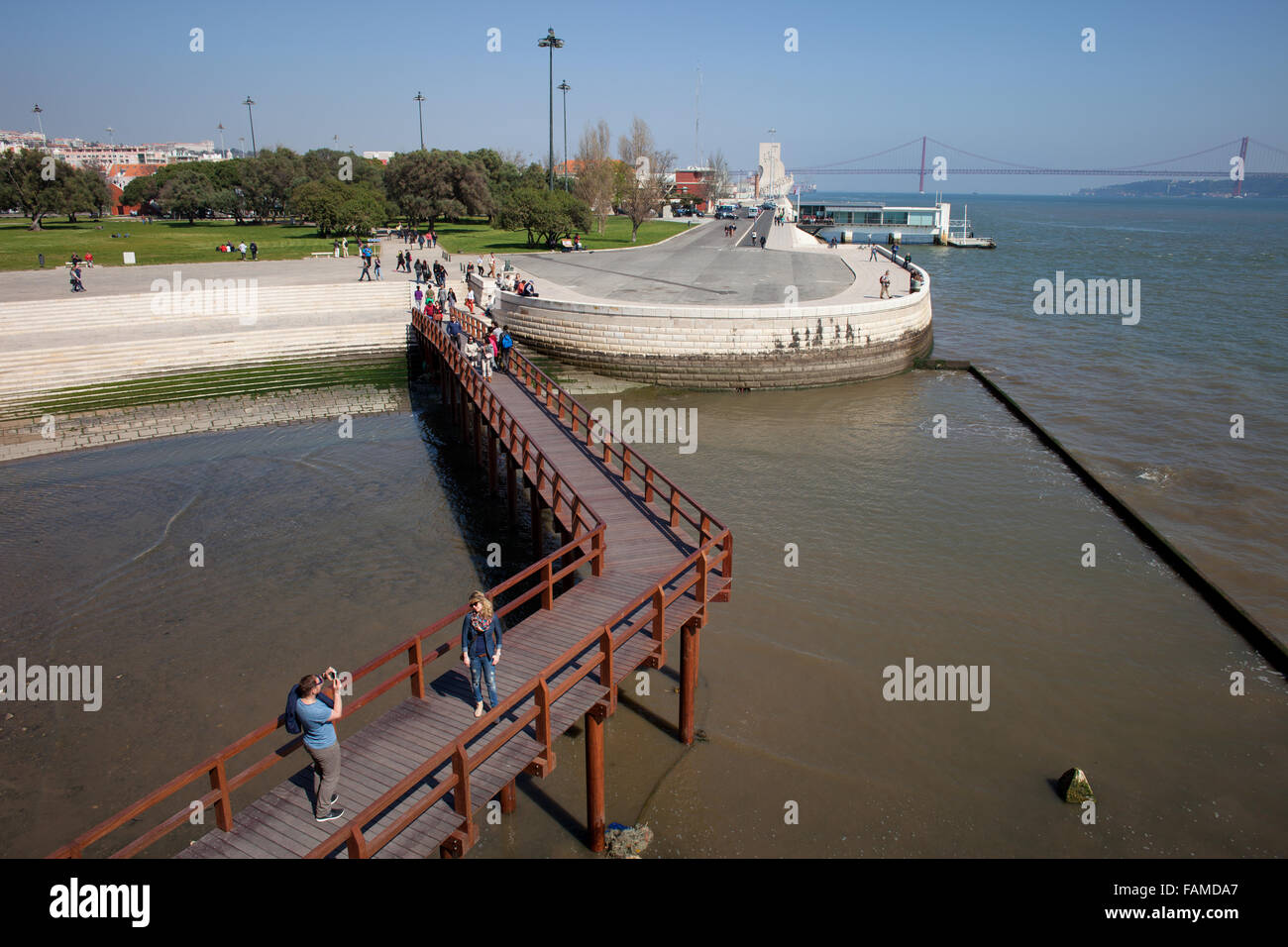 Portugal, city of Lisbon, Belem district, wooden footbridge, park and ...