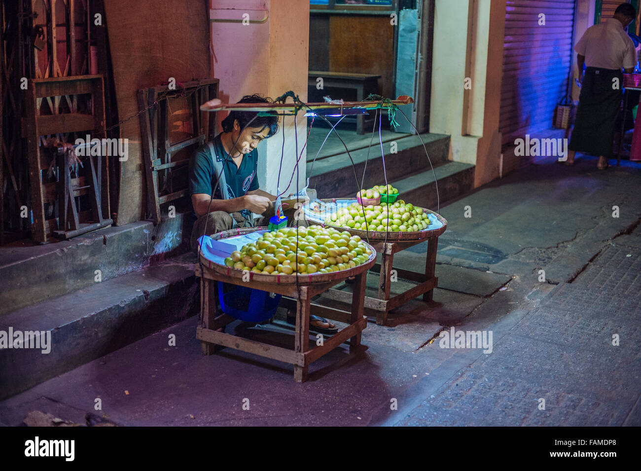 Burmese street scene from the night market in Chinatown of Yangon Stock ...