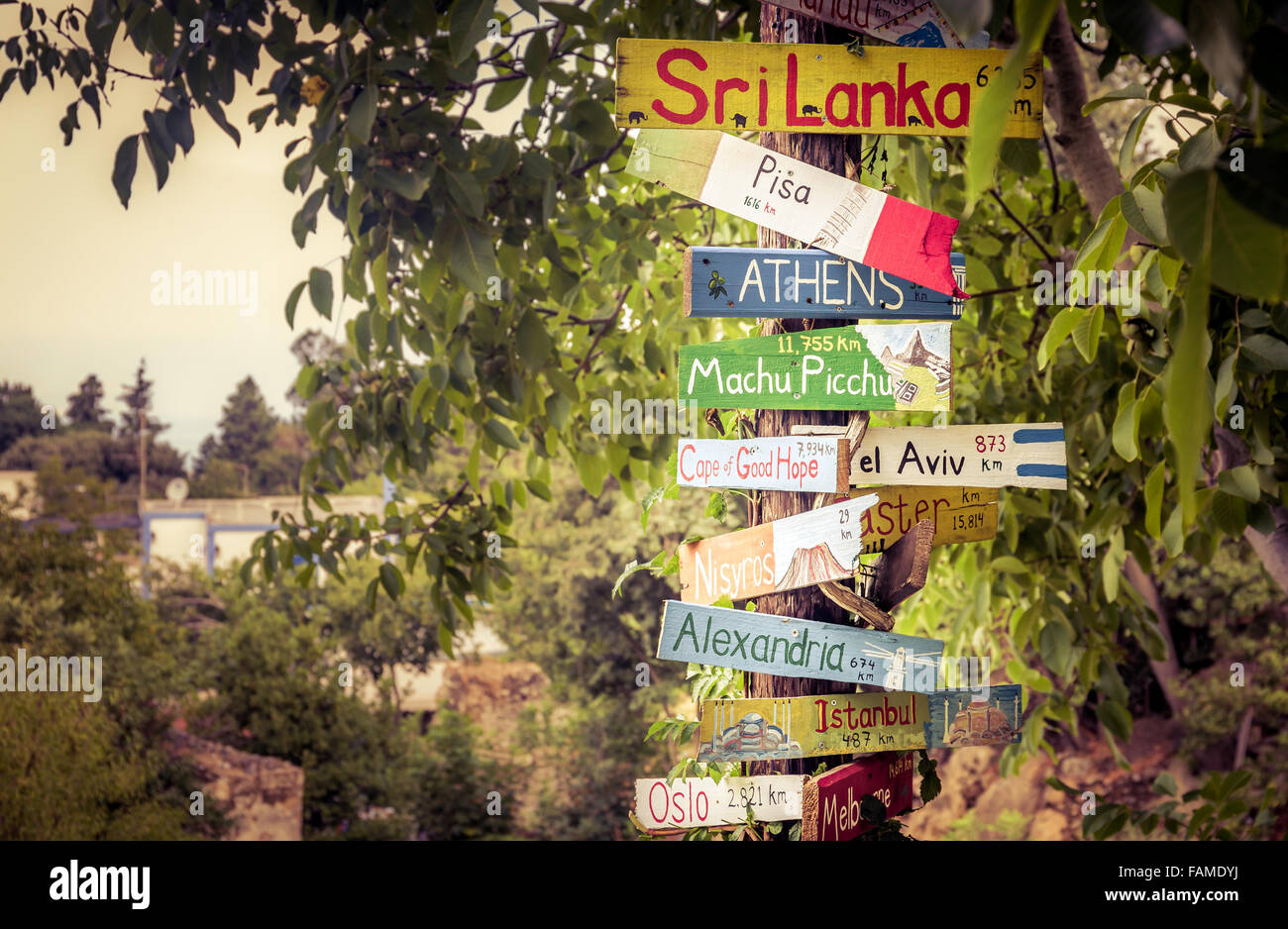 Funny directions signpost with distance to many different countries ...