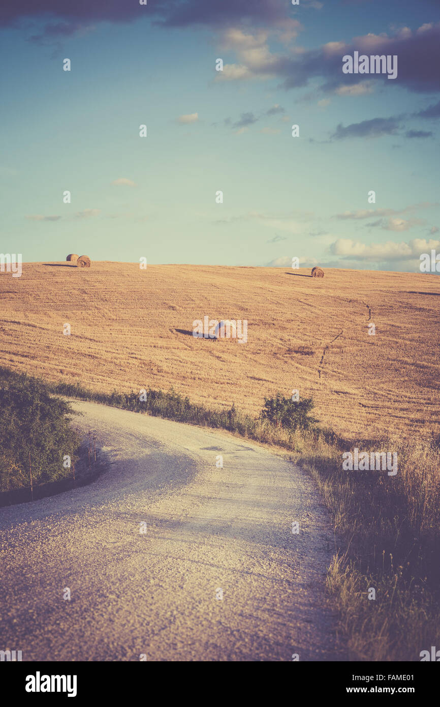 Vintage tone tuscan landscape with haystacks on a hill Stock Photo - Alamy