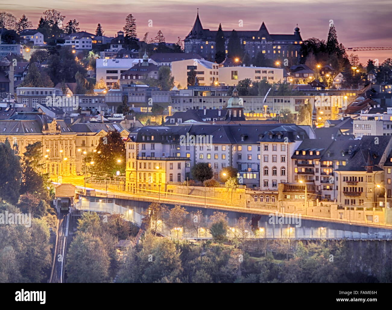 Scene of Fribourg with the night lights Stock Photo - Alamy