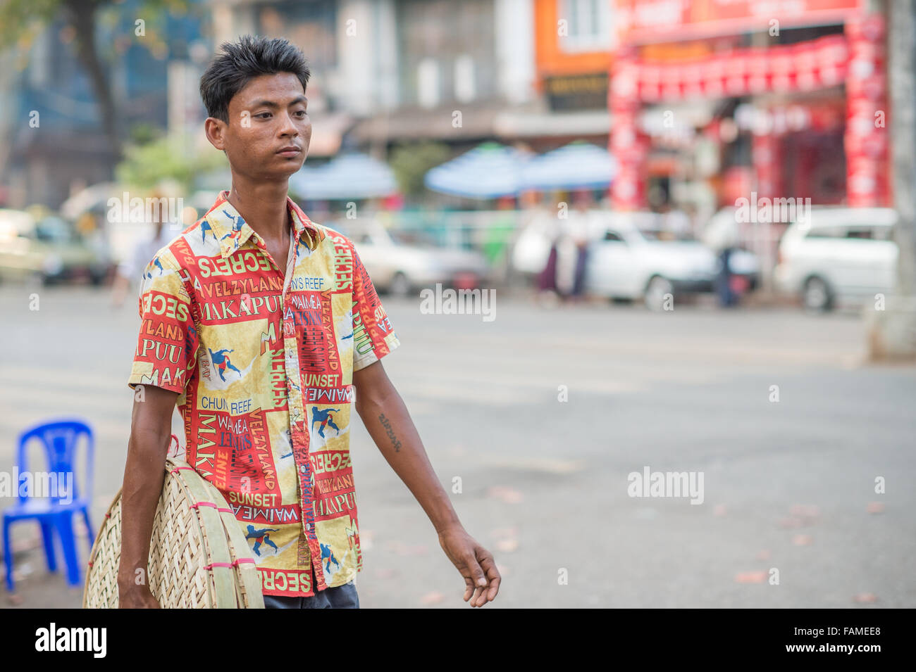 Burmese street scene in Chinatown of Yangon Stock Photo - Alamy