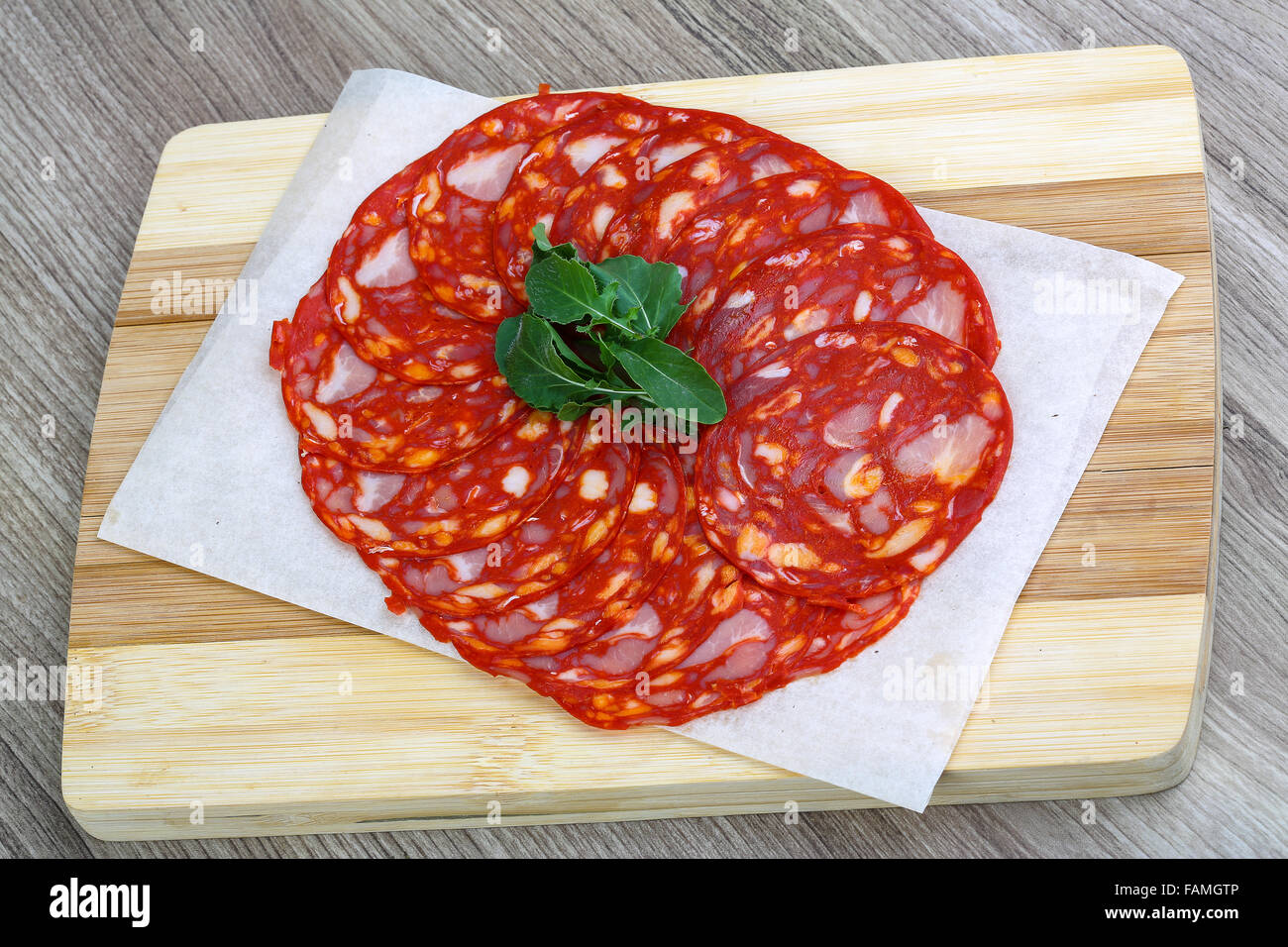 Traditional Spanish salami - Chorizo sausage on the wood background ...