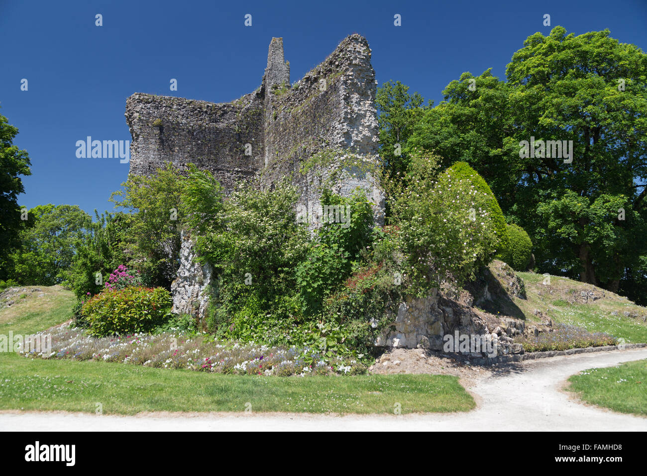 The ruined walls and architecture of the historic medieval Domfront ...