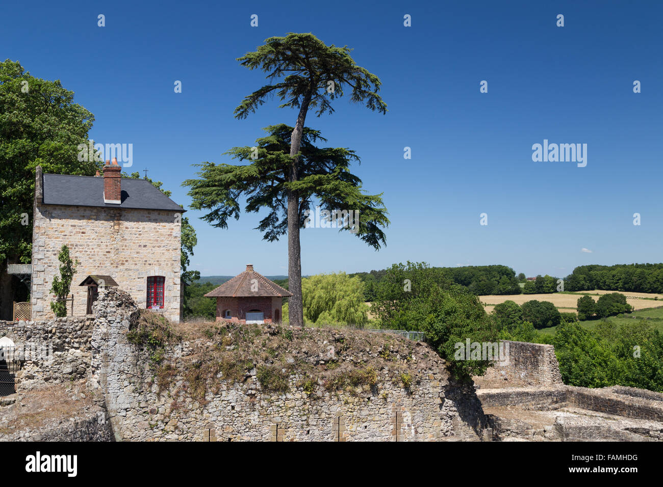 The ruined walls and architecture of the historic medieval Domfront ...