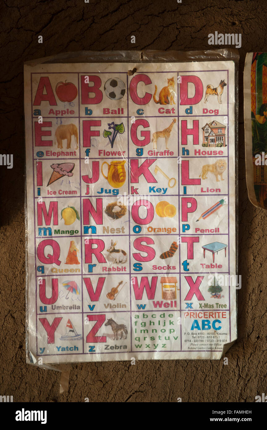 Poster on wall in a Kenyan home showing the English Alphabet Stock ...