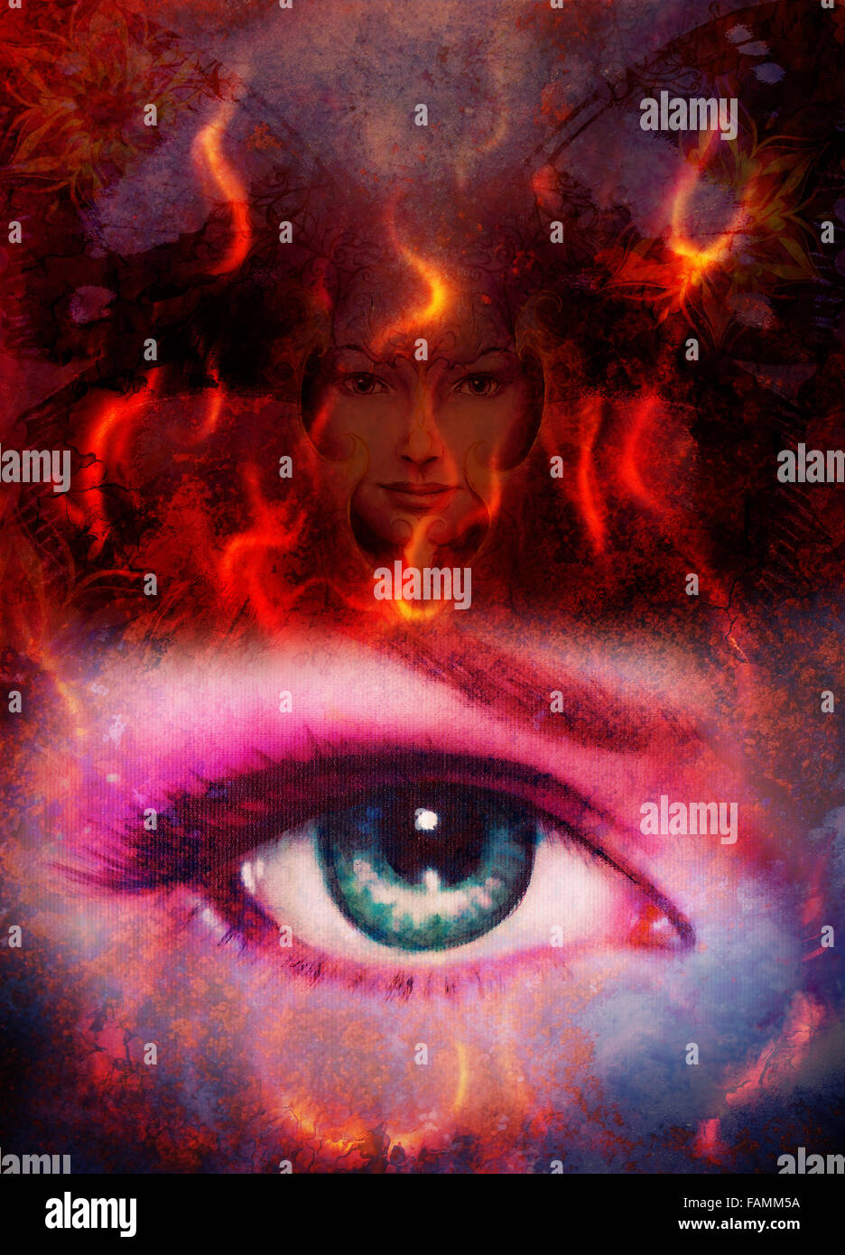 beautiful illustration woman and mandala in fire, with birds phoenix on ...