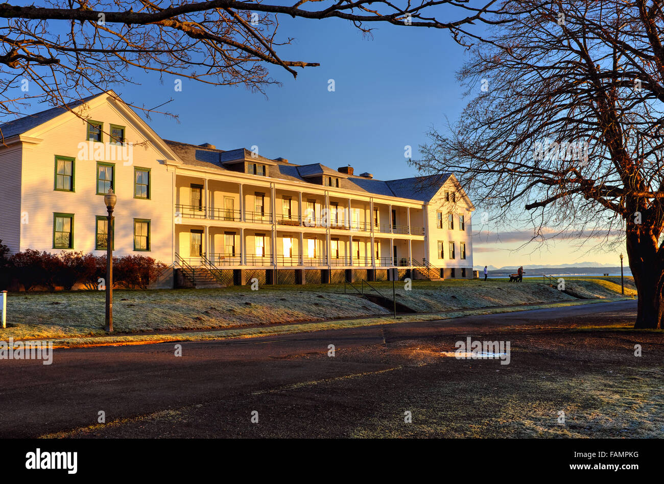 Sun rises on old headquarters barracks, Fort Worden State Park, Port ...