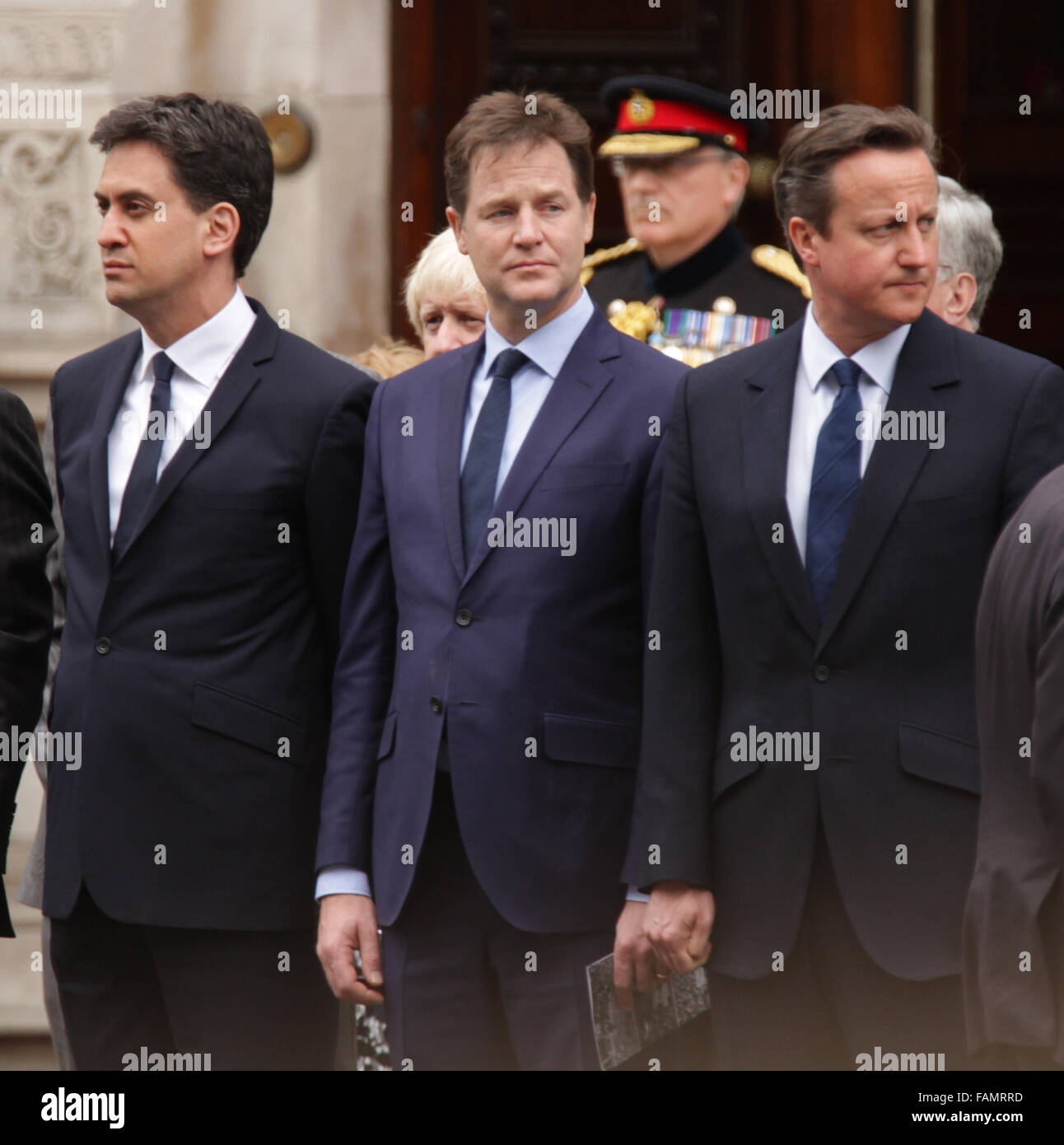 London, UK, 8th May: Ed Miliband, Nick Clegg and David Cameron attend ...