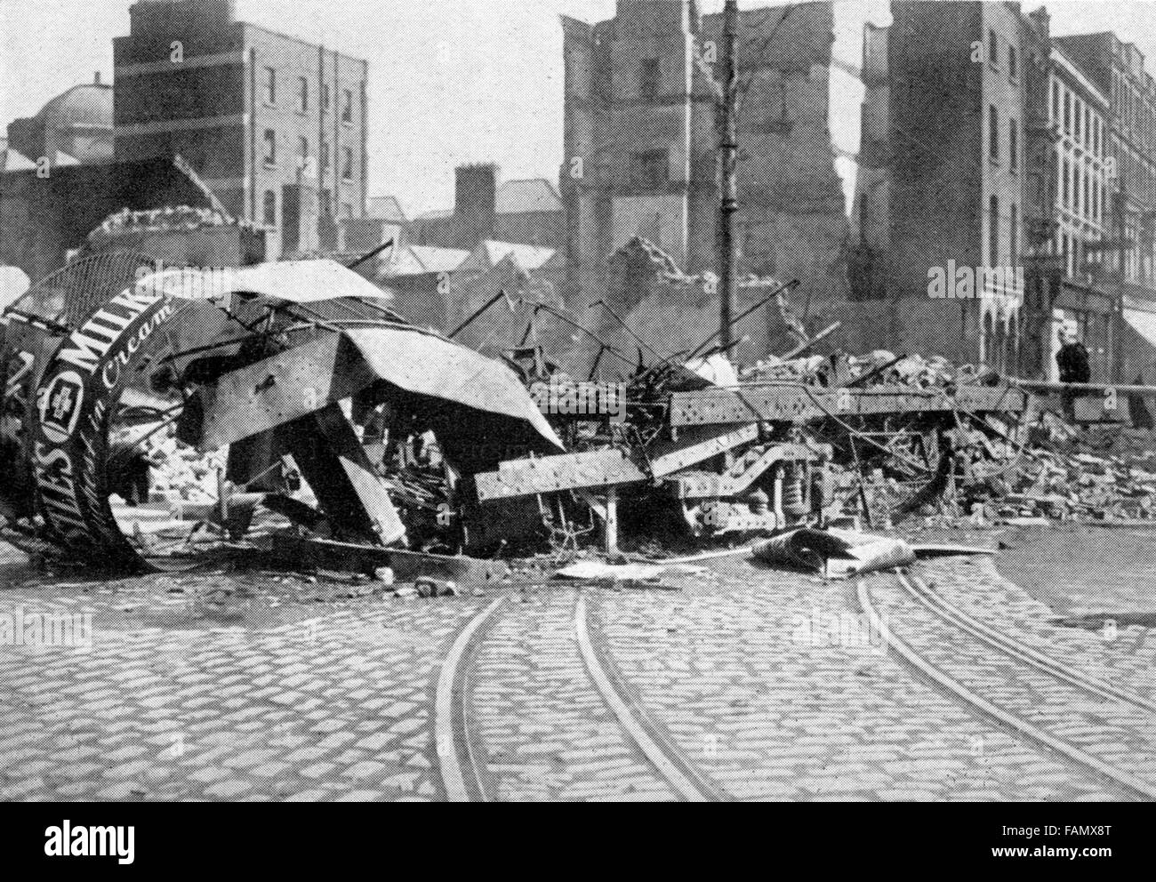 Easter Rising, Dublin Street Barricade, Electric Tramway Car burned by ...