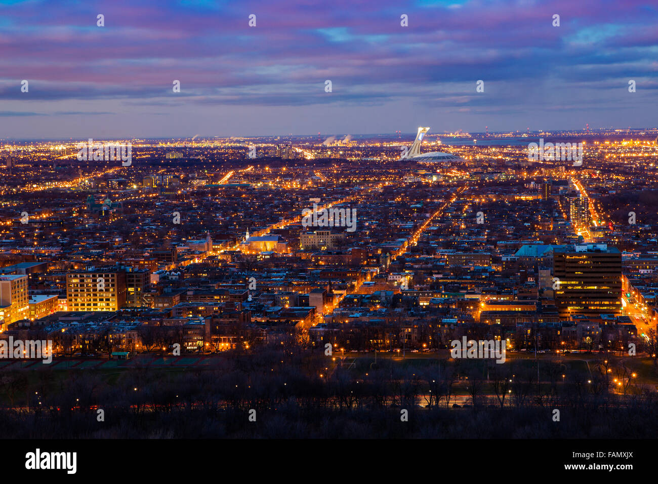 East of Montreal night view with Olympic Stadium-Stade olympique Stock ...