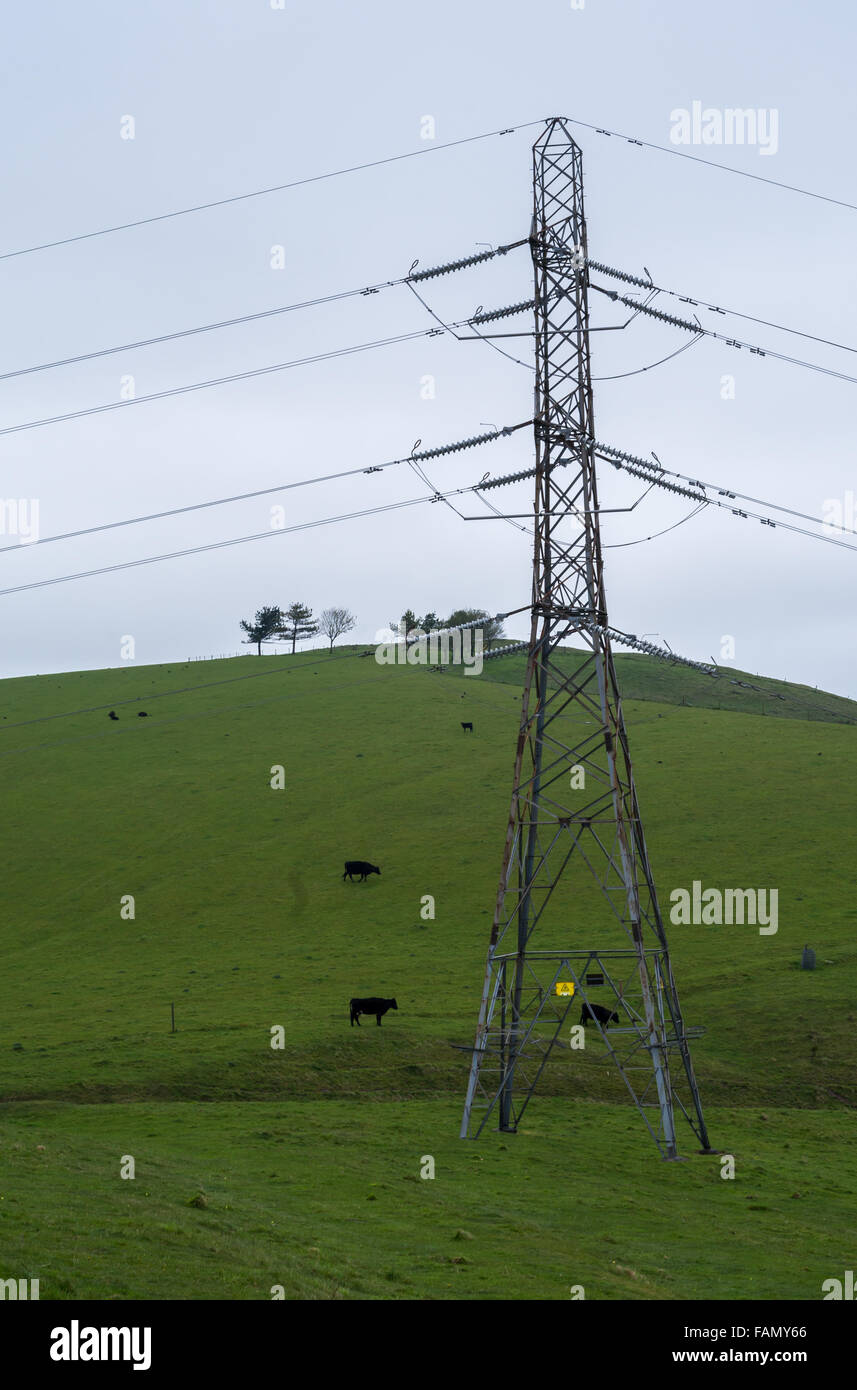 Electricity distribution pylon in the English countryside with a hill ...