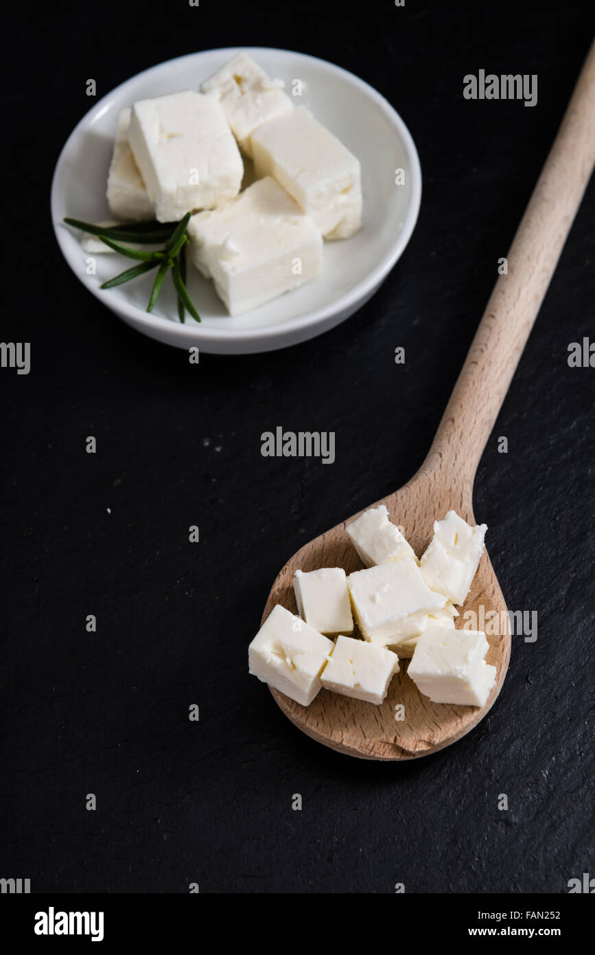 Portion of creamy Feta Cheese on a slate slab (close-up shot Stock ...