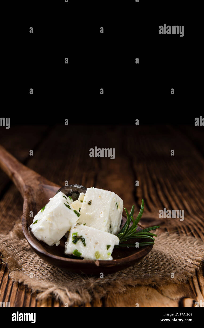 Greek Feta Cheese on rustic wooden background (close-up shot Stock ...