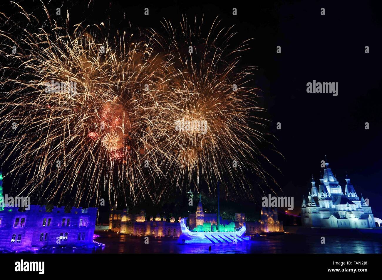 Harbin, China's Heilongjiang Province. 1st Jan, 2016. Fireworks paint ...