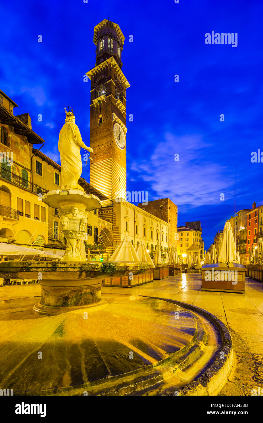Erbe Square and fountain at early dawn, Verona Stock Photo - Alamy