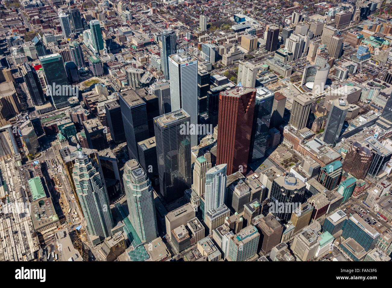 Birds eye Aerial view of downtown Toronto business financial district ...