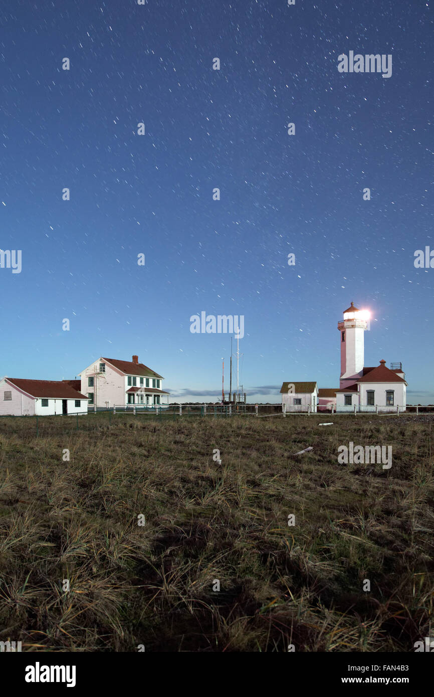 Point Wilson Lighthouse under a starry sky, Fort Worden State Park ...