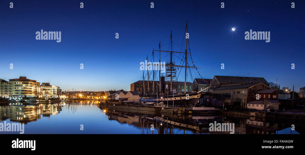 Brunel's SS Great Britain by night showing the Bristol water front ...