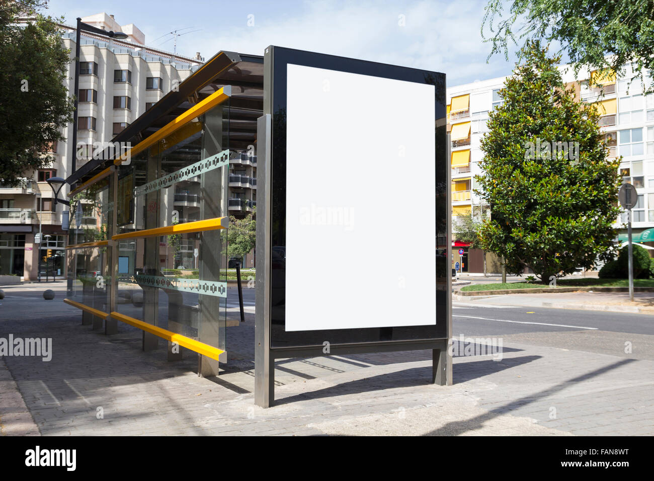 Blank billboard in a bus stop Stock Photo - Alamy