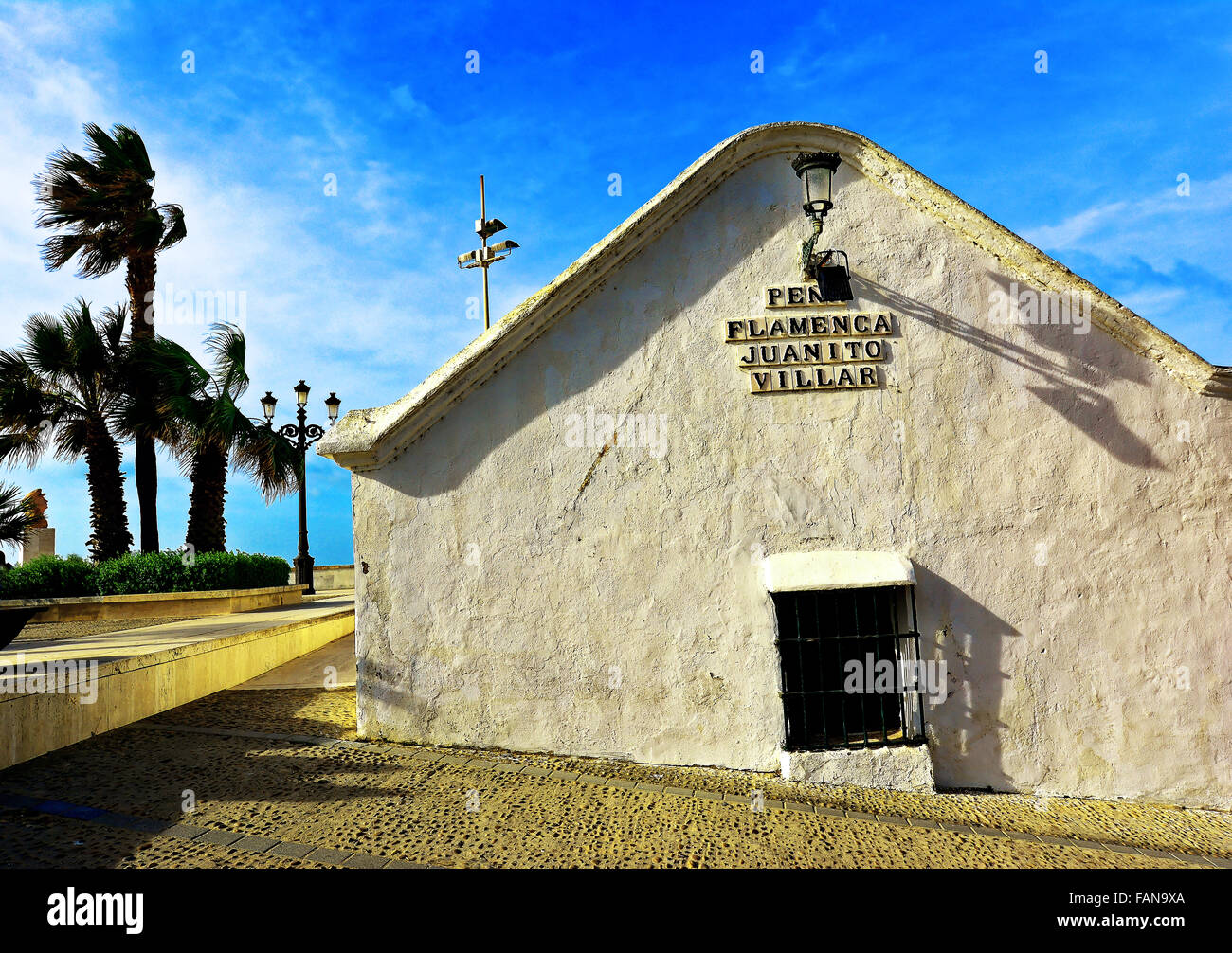 Cadiz Spain Peña Flamenca Juanito Villar palm trees blue sky Stock ...