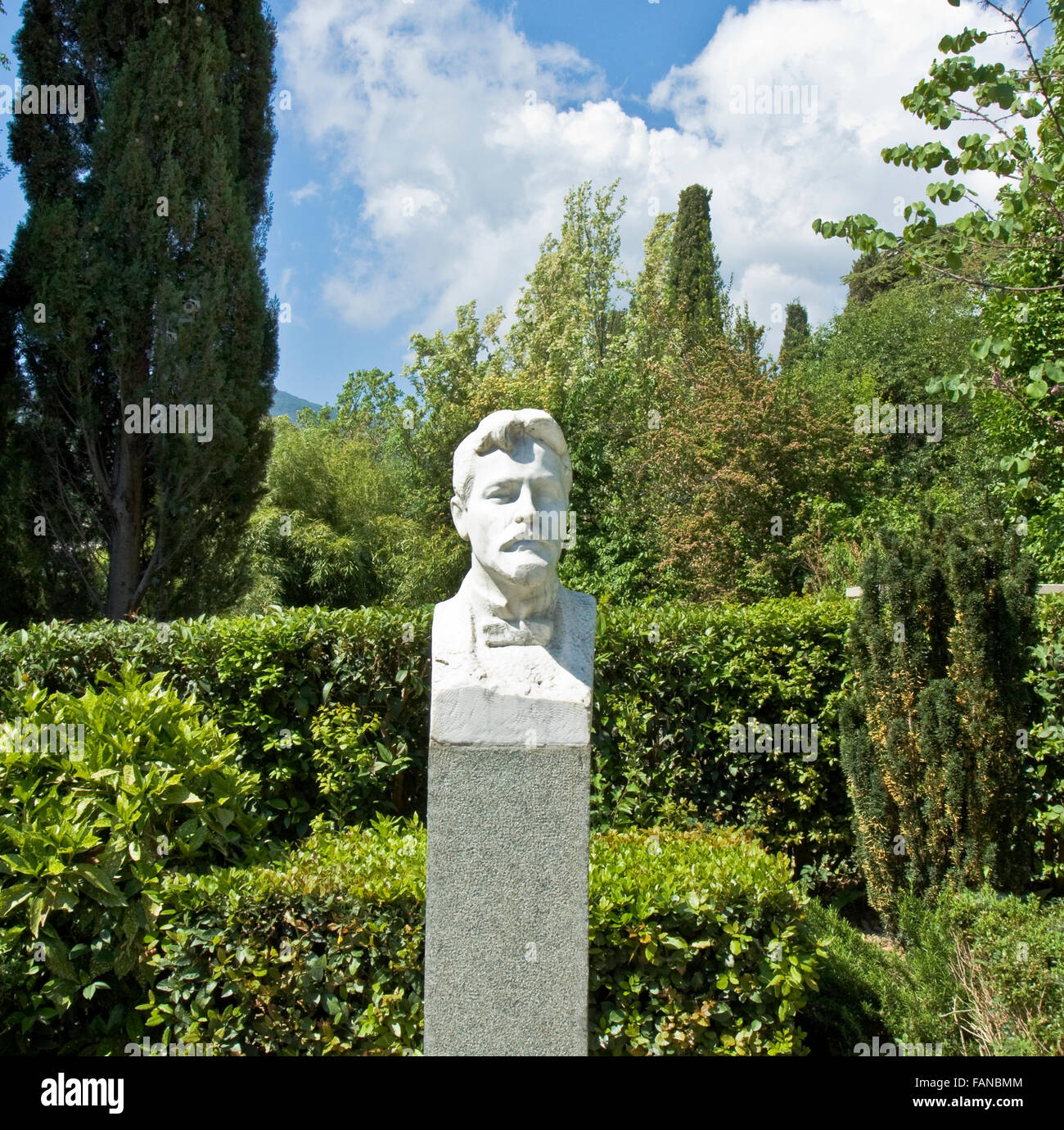 YALTA, UKRAINE - MAY 17: sculpture of Chekhov in garden near house ...