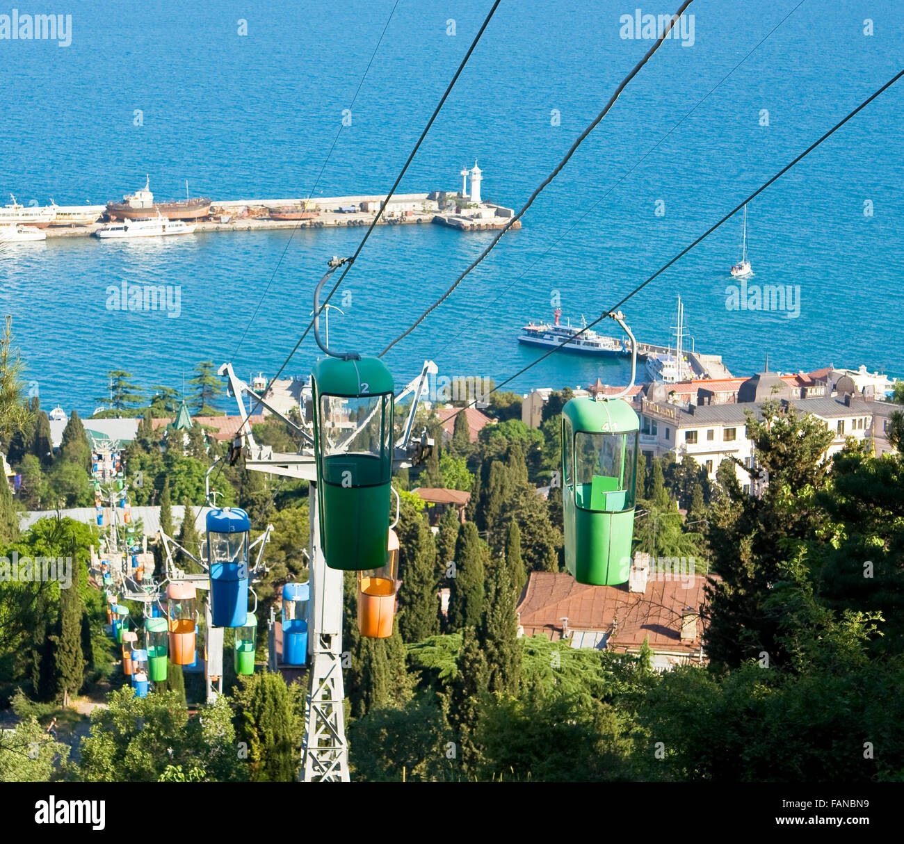 Cabel-way in town Yalta, famous resort in region Crimea on Black sea ...