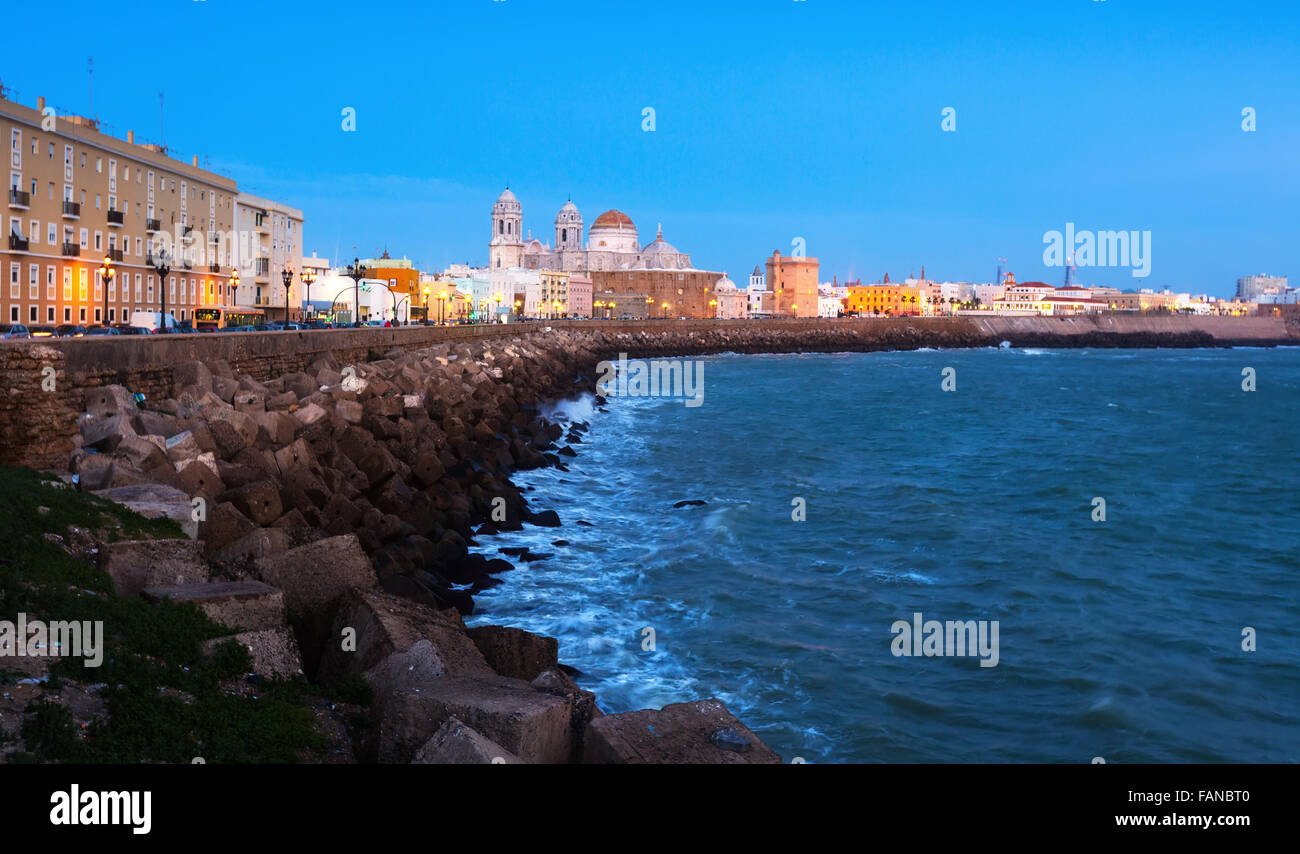 embankment and Cathedral in night. Cadiz Stock Photo - Alamy